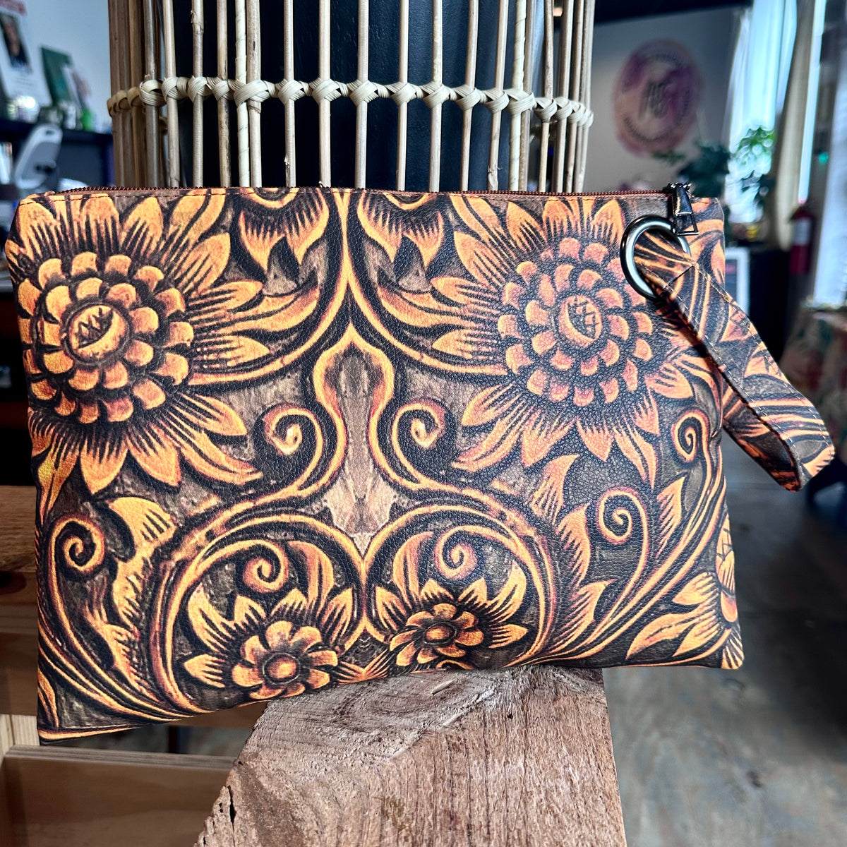 Sunflower + Scrolls Oversized Clutch – Artistic Fusion Craft Studio